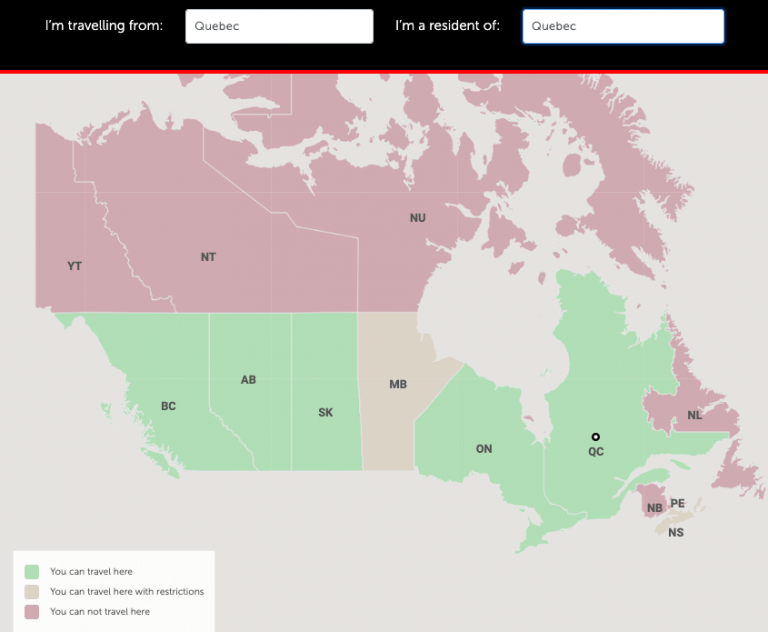 Where Canadians can travel right now. Provinces and countries.